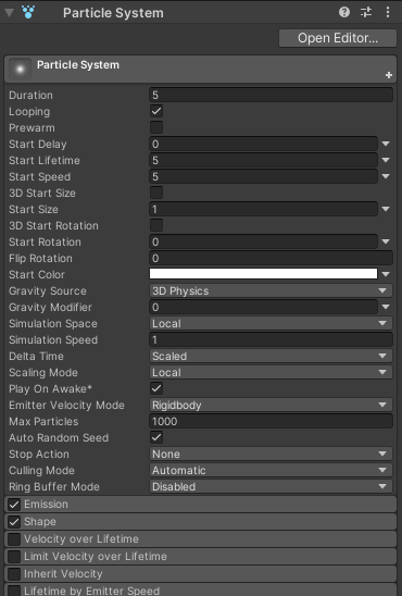 Unity Particle System-component in de infovensterweergave.