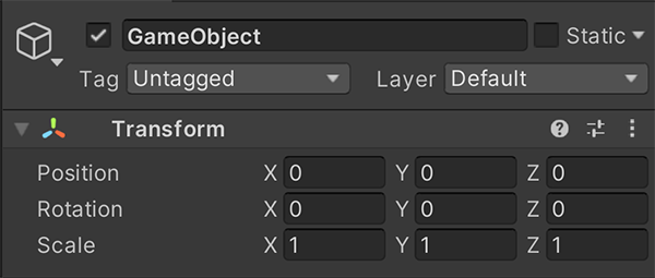 Component Unity Transform in de infovensterweergave.