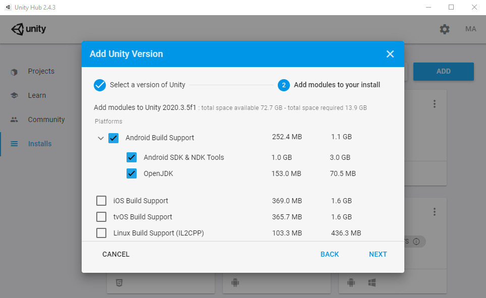 Selectie van Unity Hub-add-onmodule